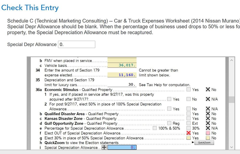 Can't file due to special depreciation allowance error