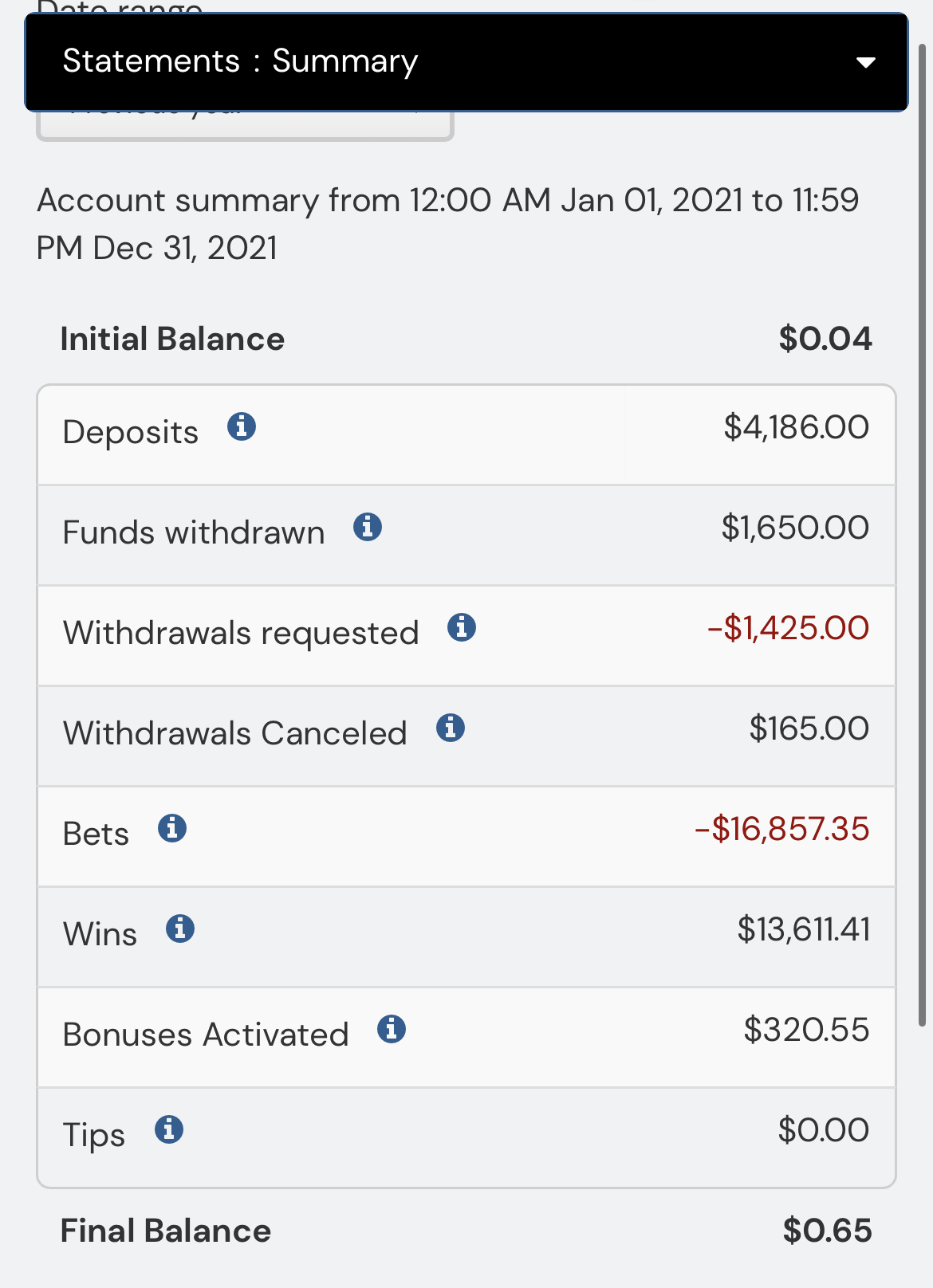 Gambling winnings and losses reporting