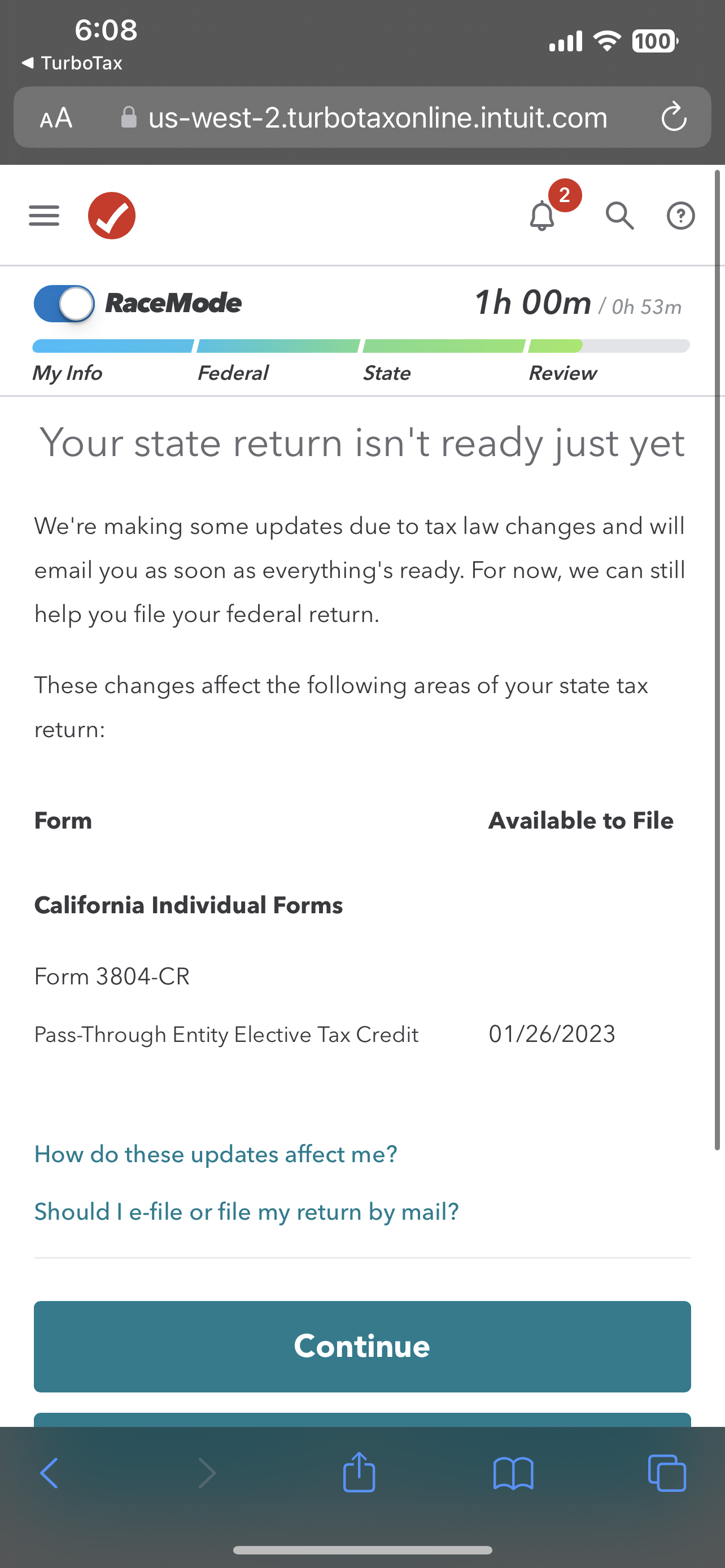 California return can't e-file