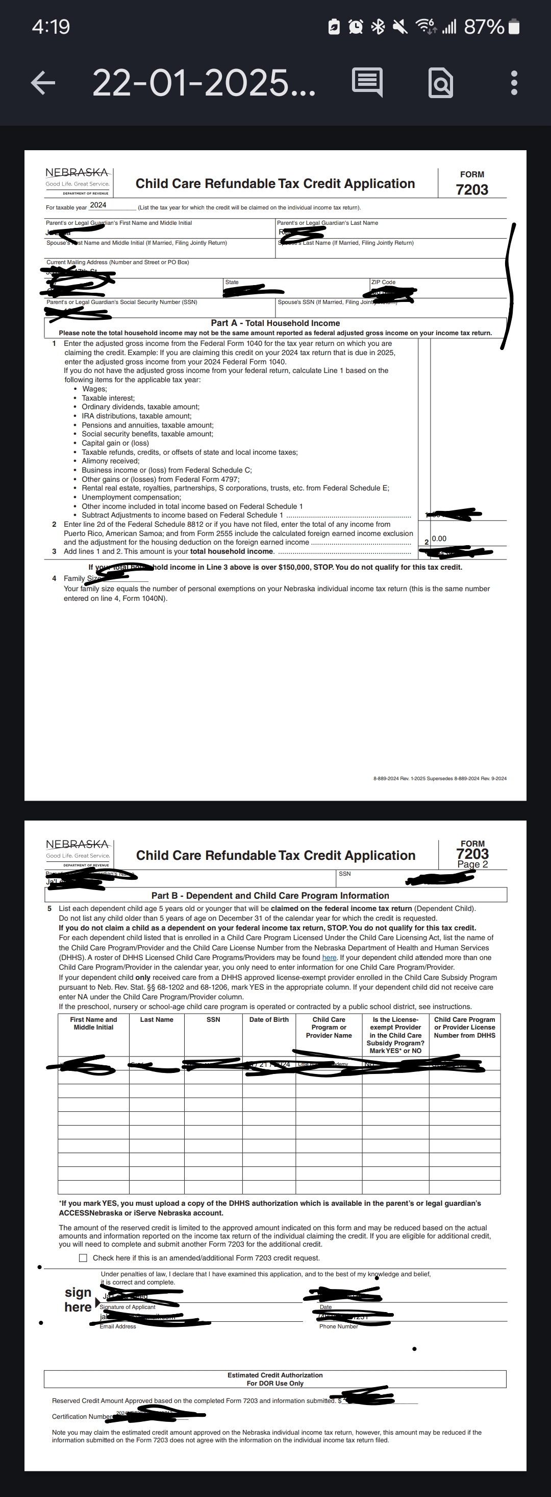 How do I claim the refundable child care tax credit on form 7203